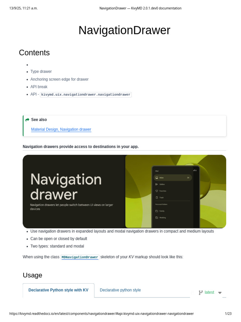 NavigationDrawer - KivyMD 2.0.1.dev0 Documentation | PDF | Computer ...