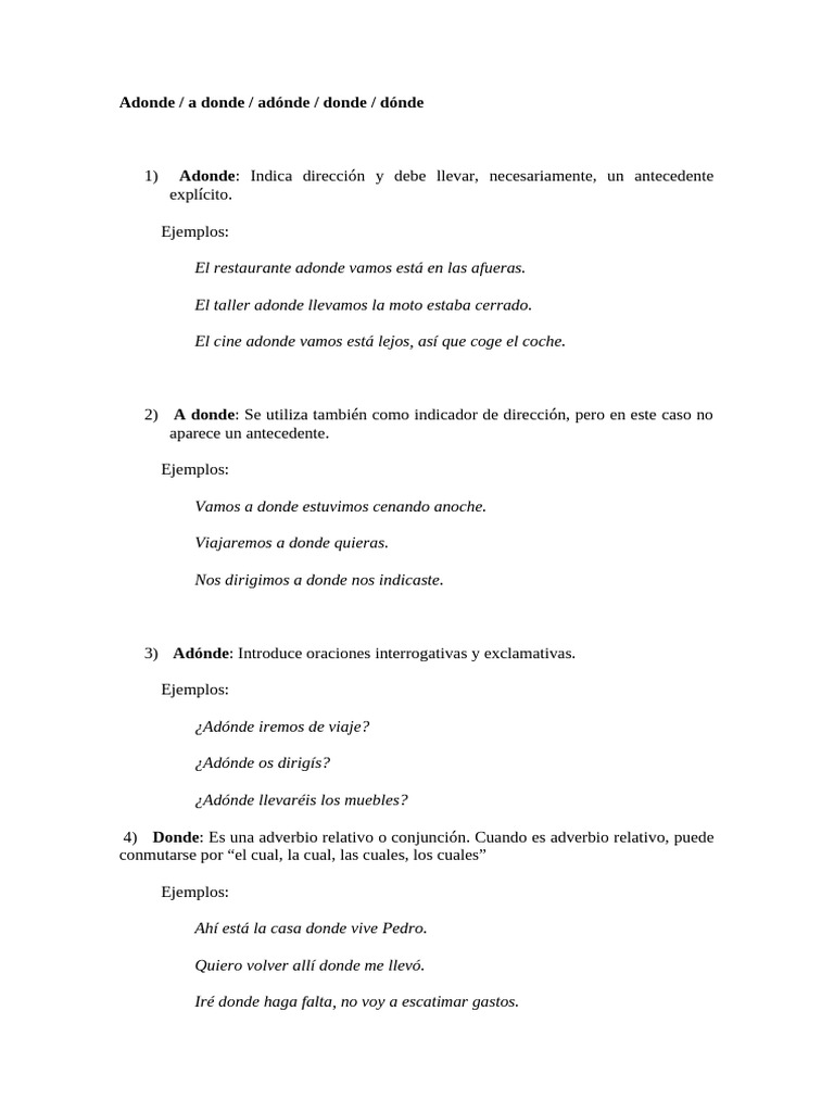 Uso de adverbios: adonde, a donde, adónde, donde, dónde | PDF