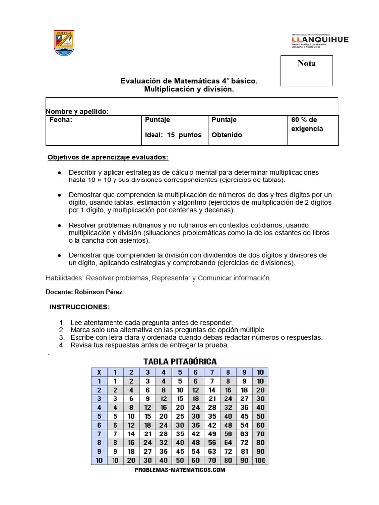 Prueba de Matemáticas - Multiplicación y División. (4° Básico) | PDF ...
