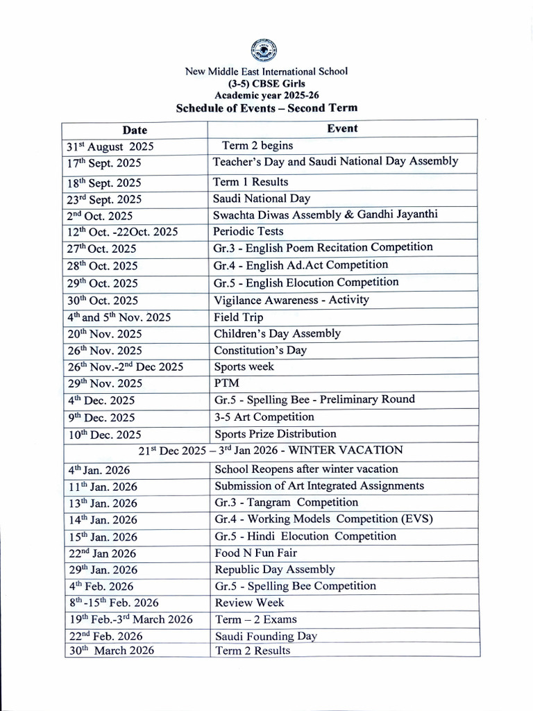 2025-26 Events Schedule for CBSE Girls | PDF