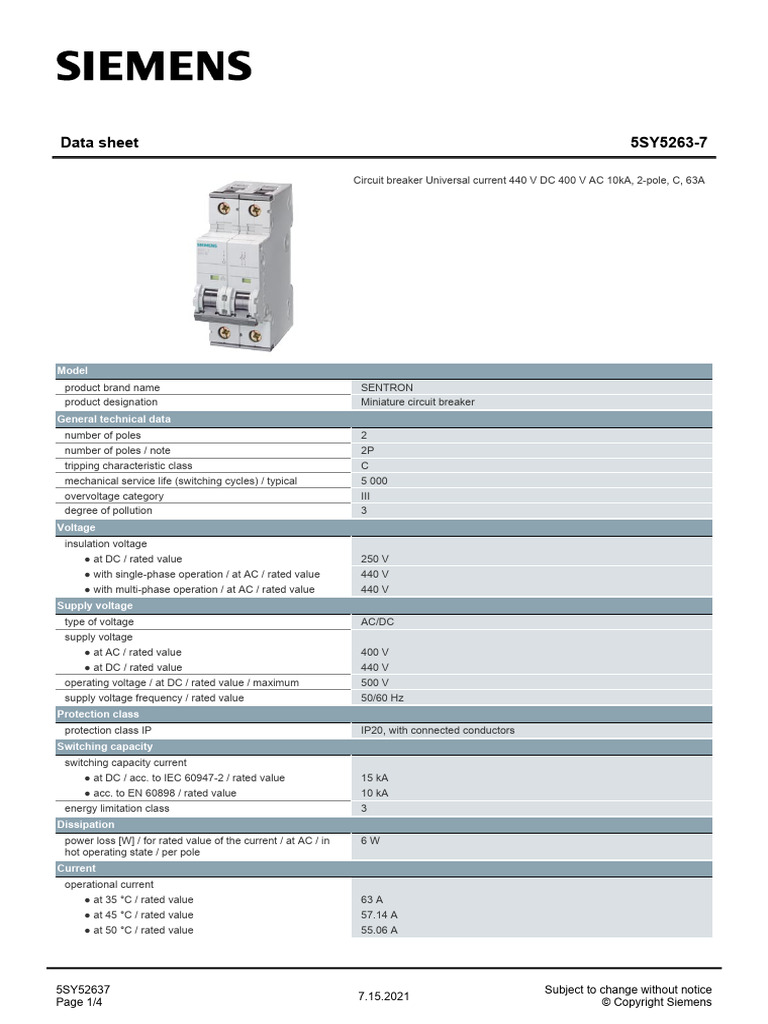 Siemens MCB 5SY52637 - Datasheet - en | PDF | Alternating Current | Direct Current