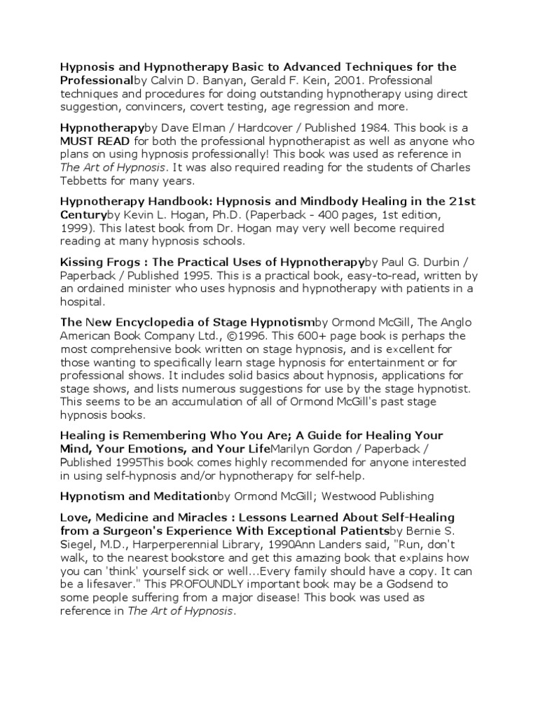 Famous Books of Hypnosis | PDF | Hypnotherapy | Hypnosis