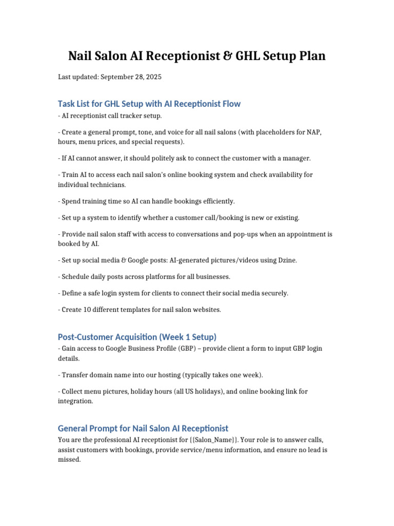 Nail Salon AI Receptionist GHL Setup | PDF