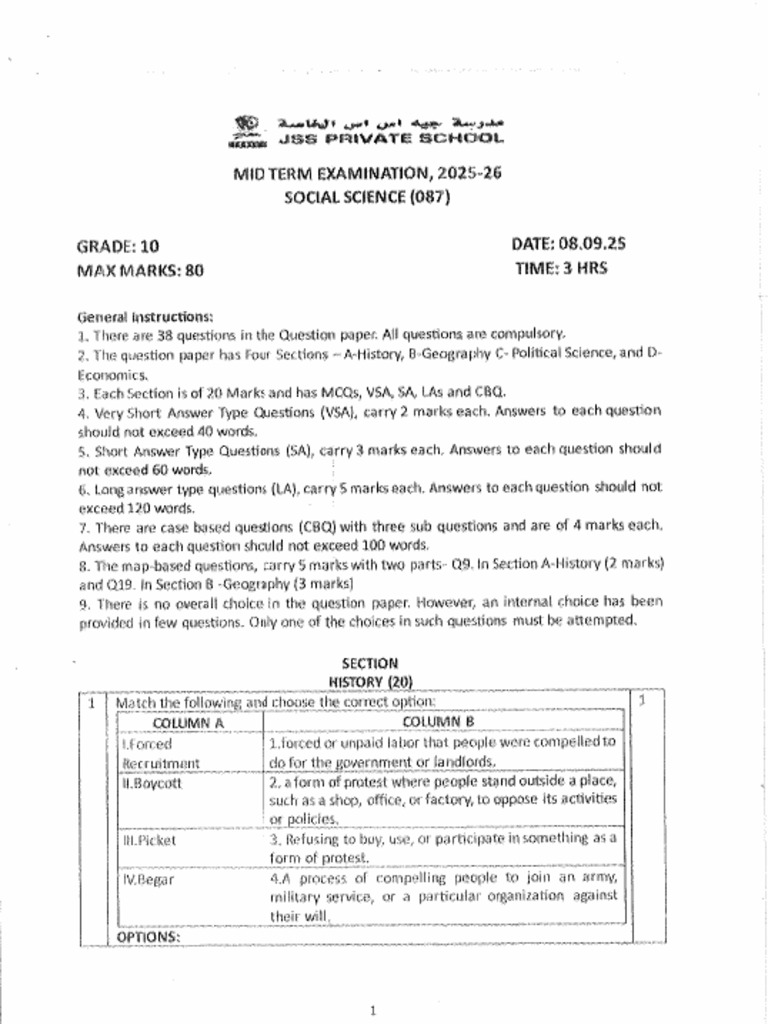 Jss - SST Mid Term - 2025-26 | PDF