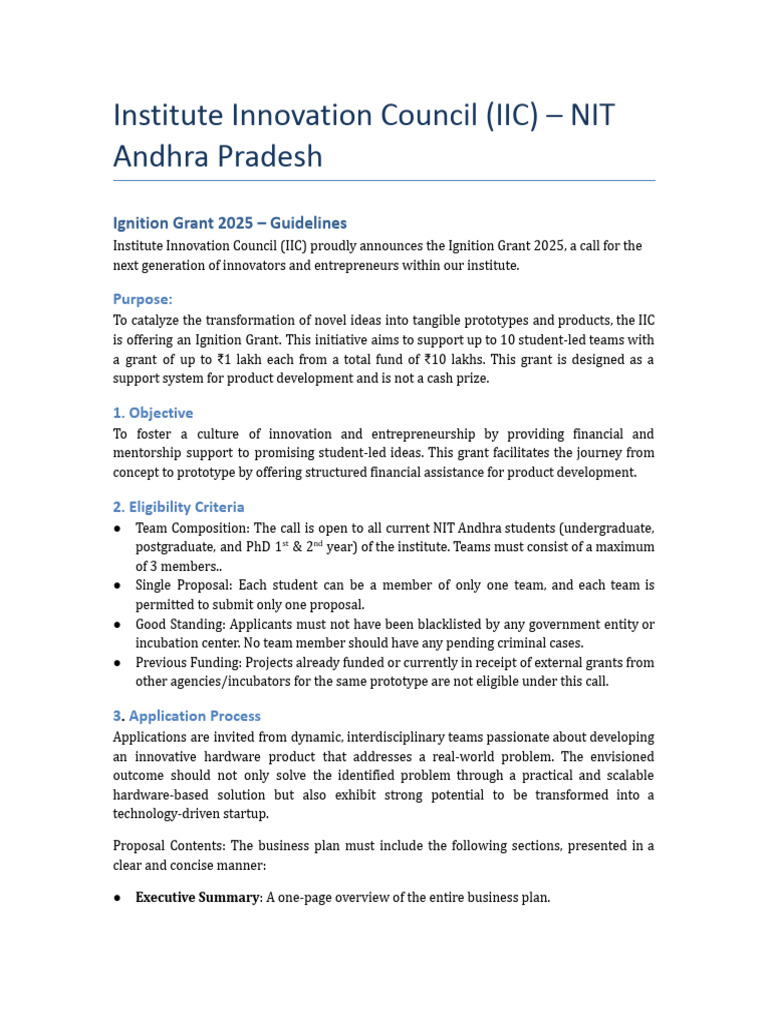 Ignition Grant 2025 Guidelines - NIT AP | PDF | Evaluation | Business Model