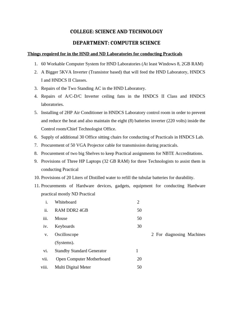 Requirements For ND and HND Labs | PDF | Computer Hardware | Computer ...