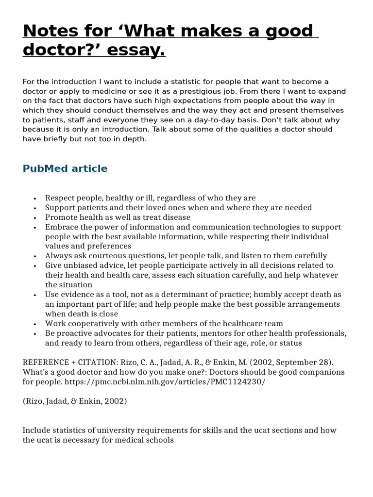 Notes For 'What Makes A Good Doctor' Essay | PDF