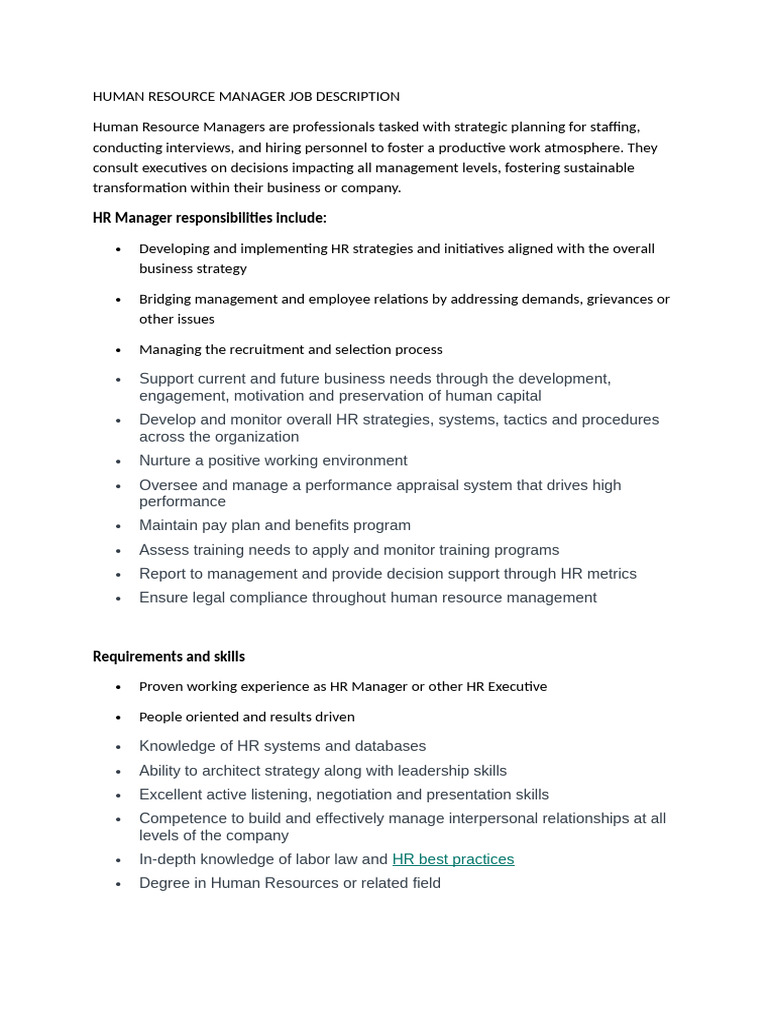 Human Resource Manager Job Description 45 | PDF