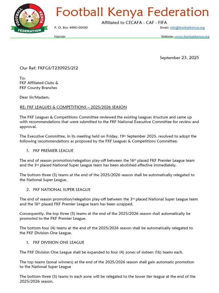 FKF Leagues Structure Update 2025/2026 | PDF | Association Football ...