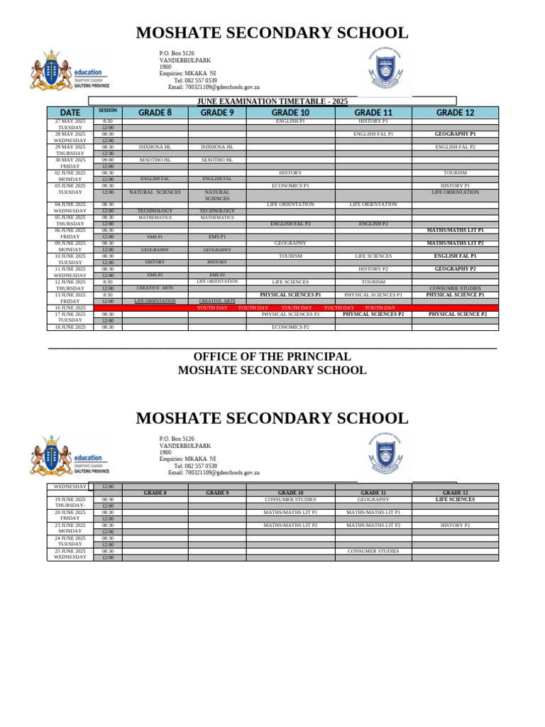Moshate Secondary School Grade 8 Timetable 2025 | PDF | Educational ...
