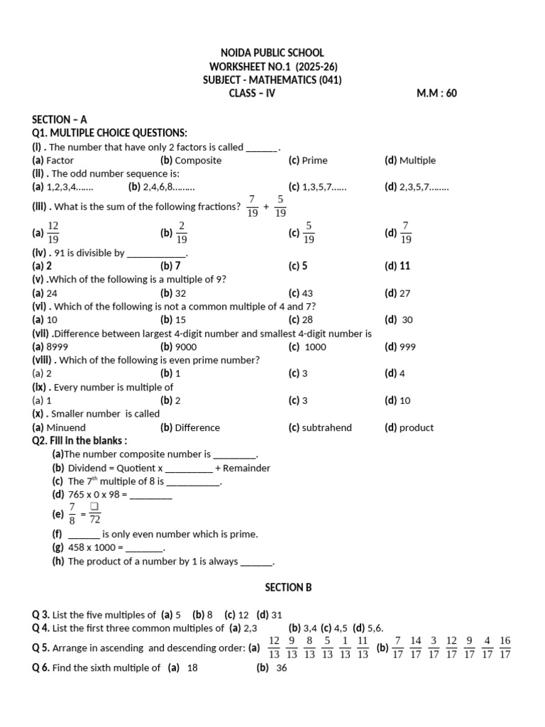 Class IV (Maths) Worksheet (2025-26) | PDF | Subtraction | Mathematical ...