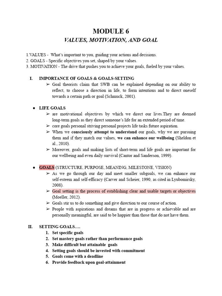Values, Motivation, and Goal Setting Guide | PDF | Motivational ...