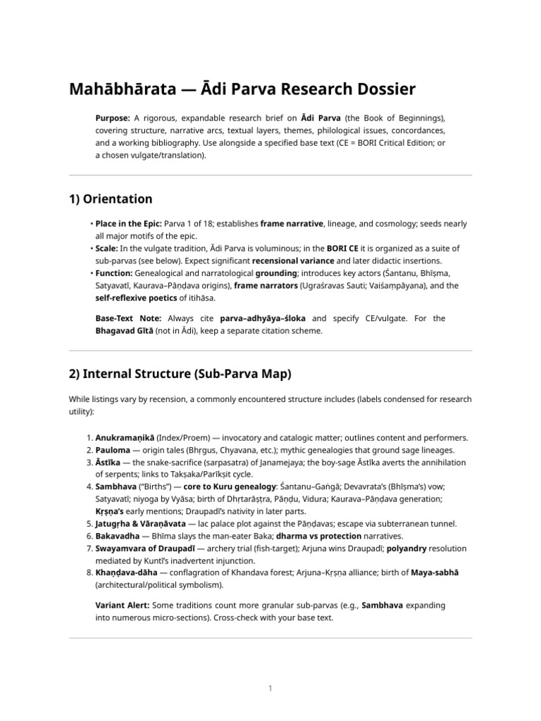 Mahabharata - Ādi Parva Research Dossier | PDF | Mahabharata
