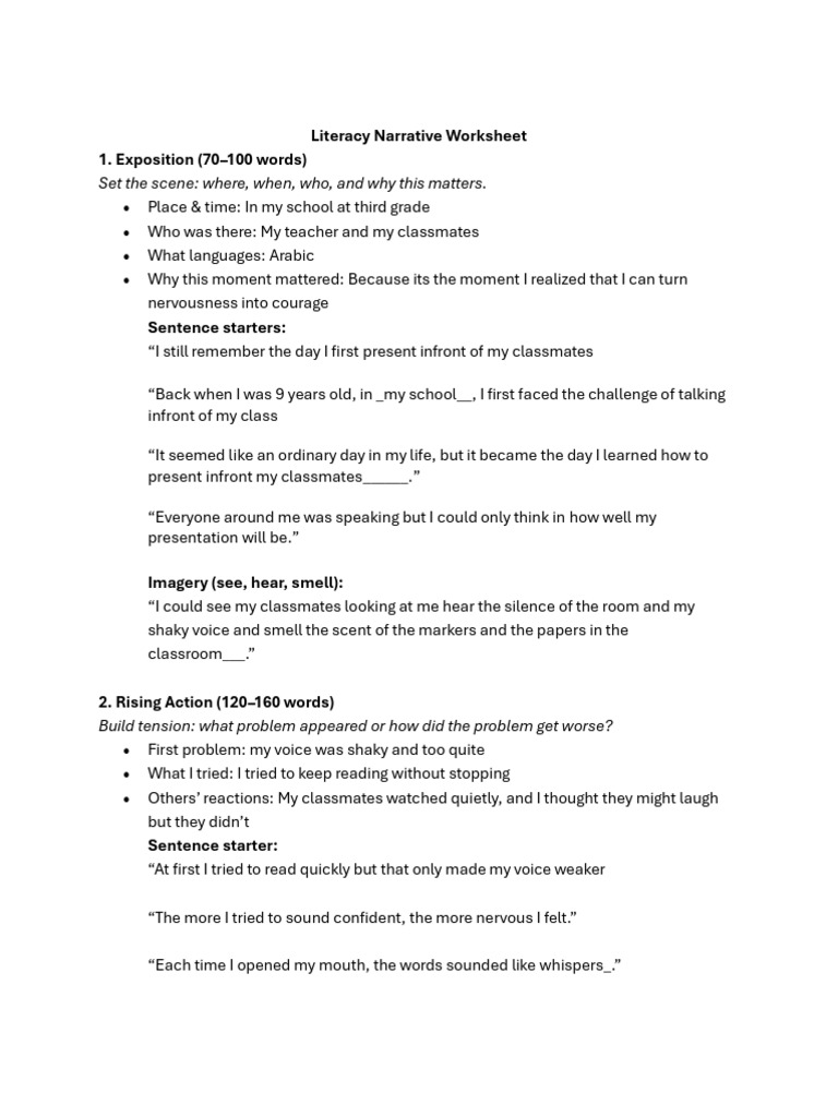 Literacy Narrative Worksheet | PDF