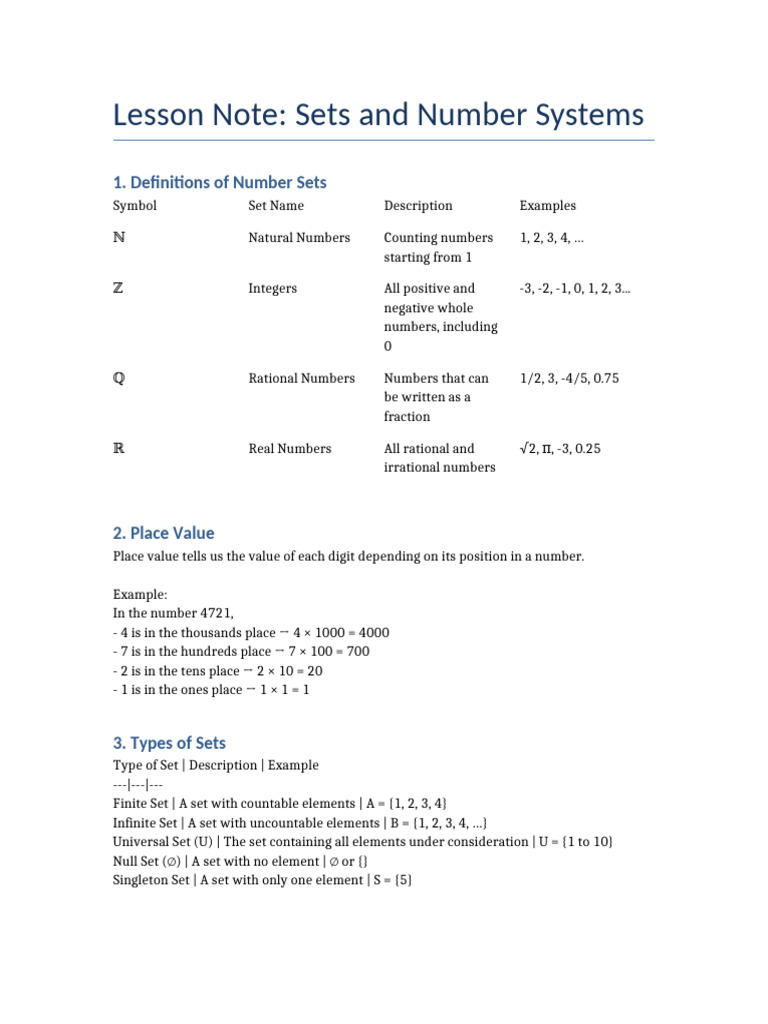 Sets and Numbers Lesson Note | PDF | Numbers | Rational Number