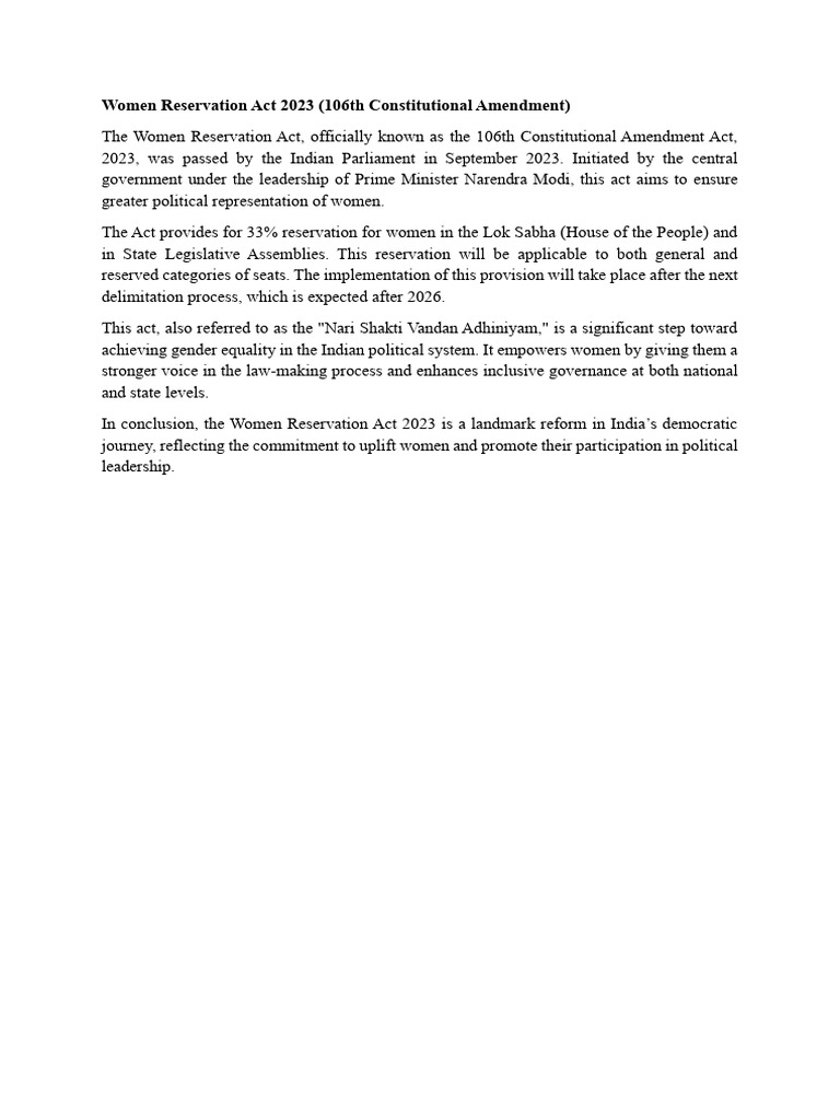 Women Reservation Act 2023 Overview | PDF