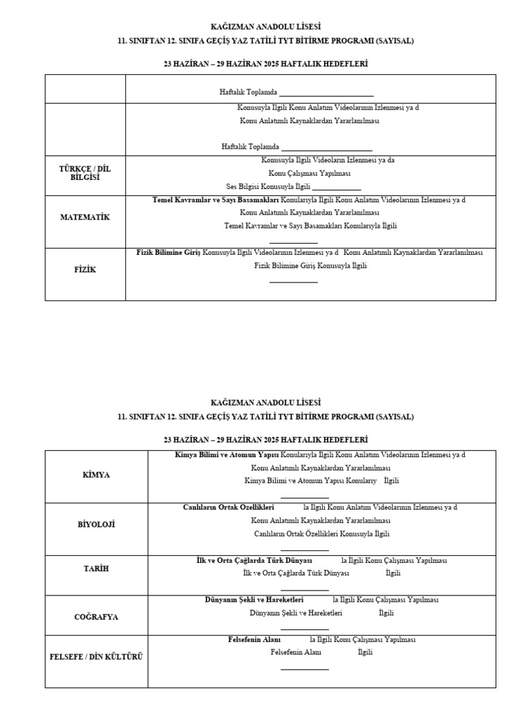 Sayisal 11. Sinif Yaz Tati̇li̇ Tyt Bi̇ti̇rme Programi 2 | PDF