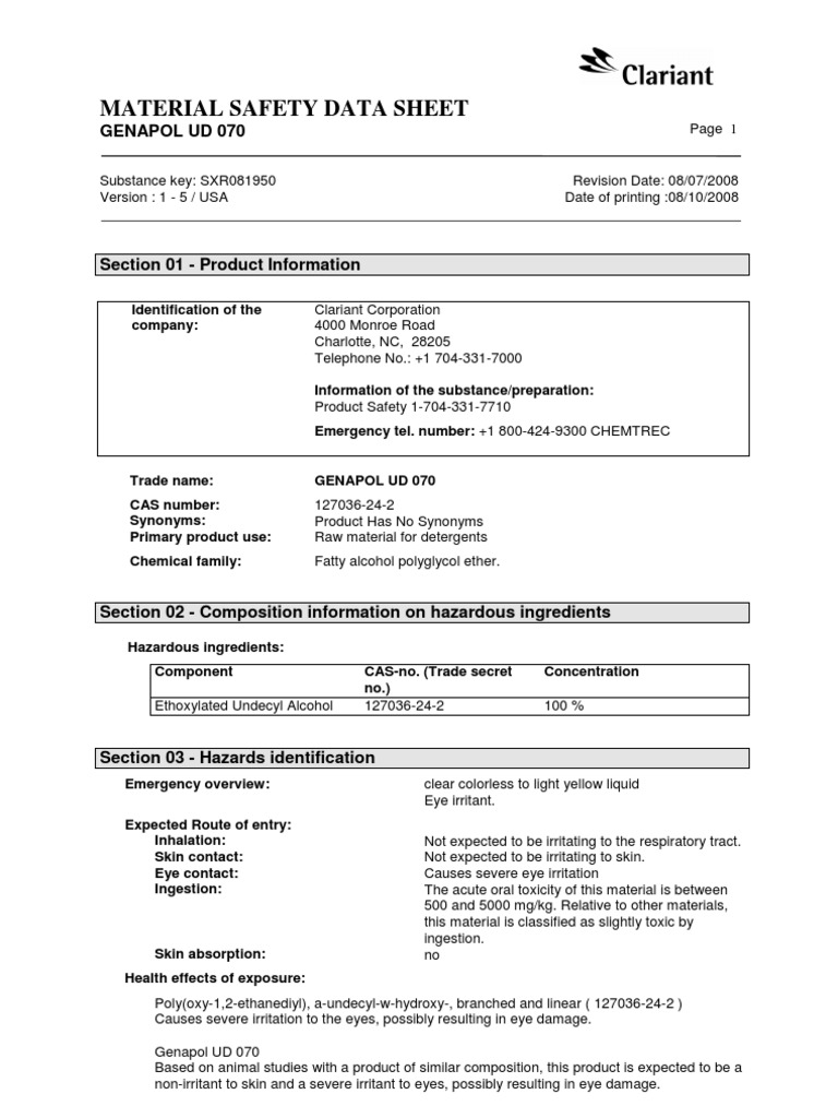 Genapol UD 070 | PDF | Personal Protective Equipment | Toxicity