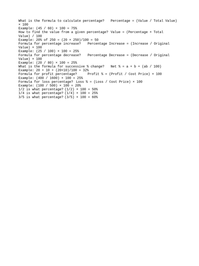 Percentage Calculation Formulas | PDF