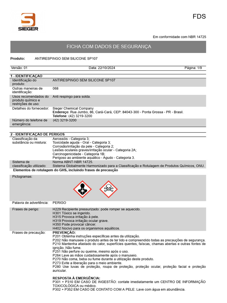 Anti-Respingo Solda C Silic 300ML | PDF | Toxicidade
