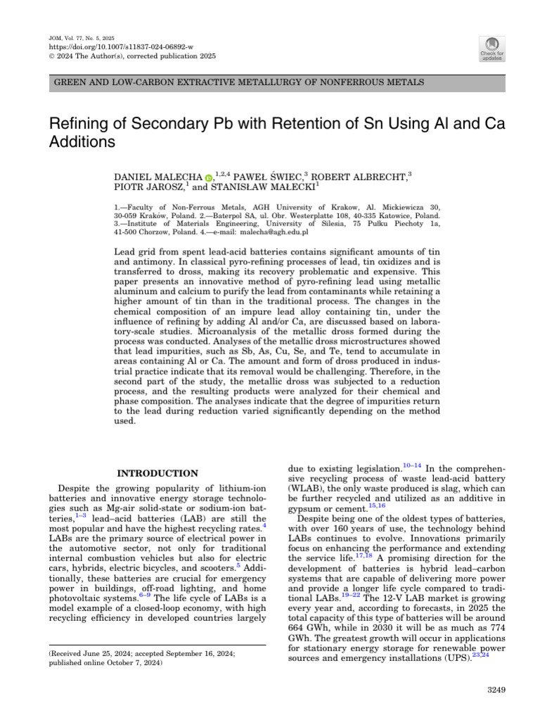 Refining of Secondary PB With Retention of SN Using Al and Ca Additions ...