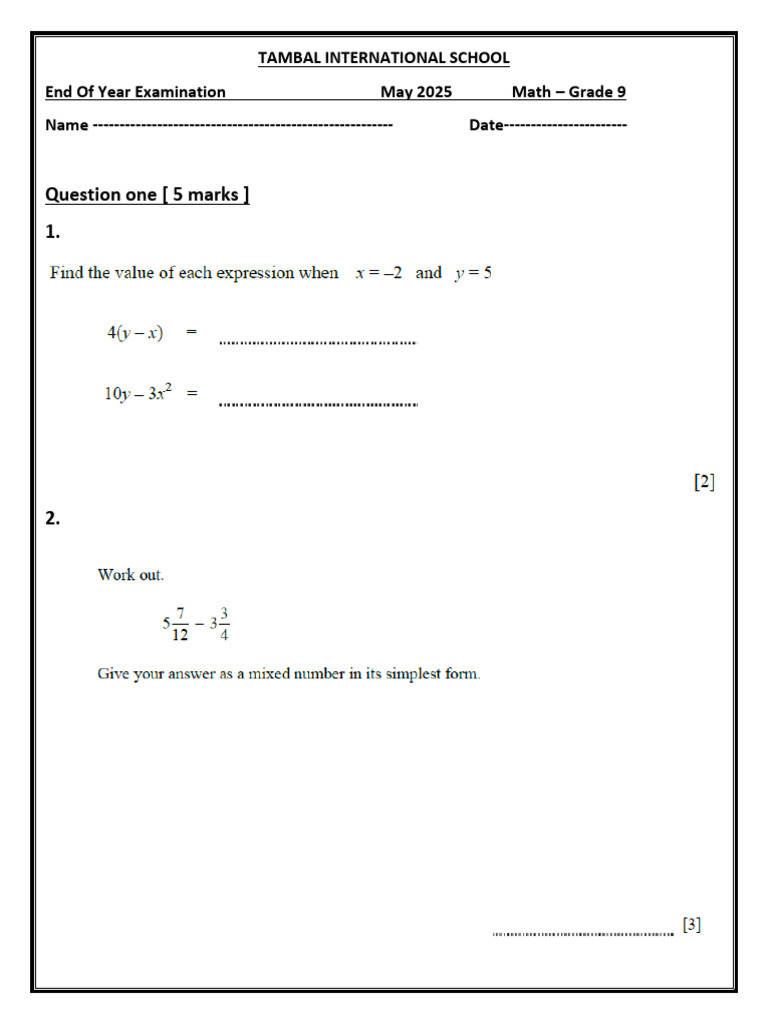 G9 Math Final Exam - 2025 | PDF