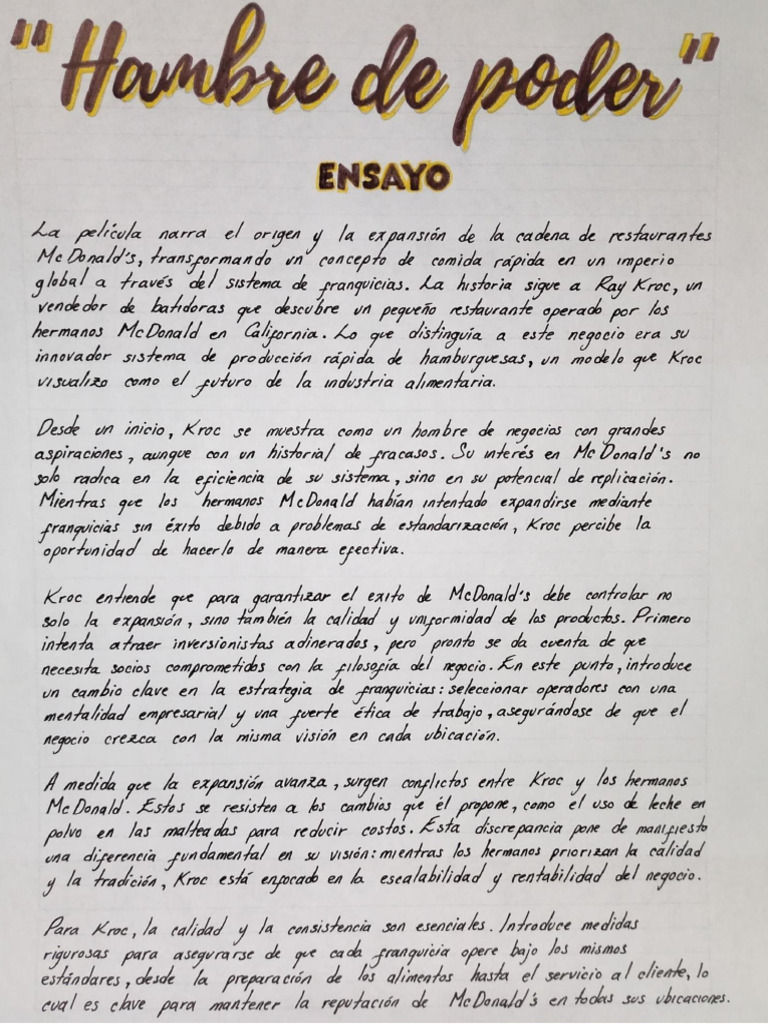 Ensayo de La Pélicula Hambre de Poder | PDF