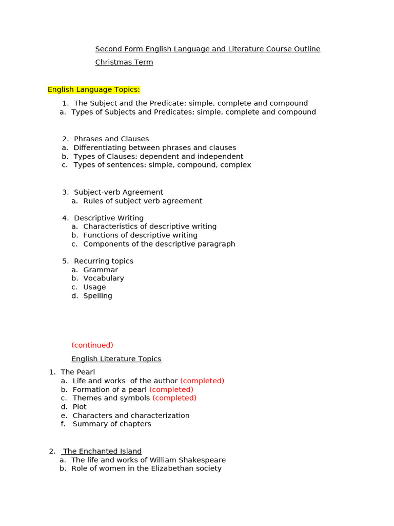 2nd Form Christmas Term Outline 2024-2025 | PDF