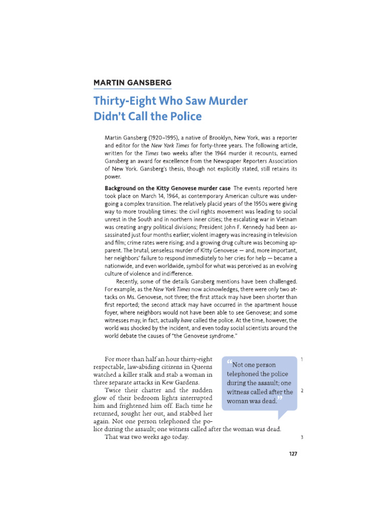 Martin Gansberg - Thirty-Eight Who Saw Murder Didnt Call The Police | PDF