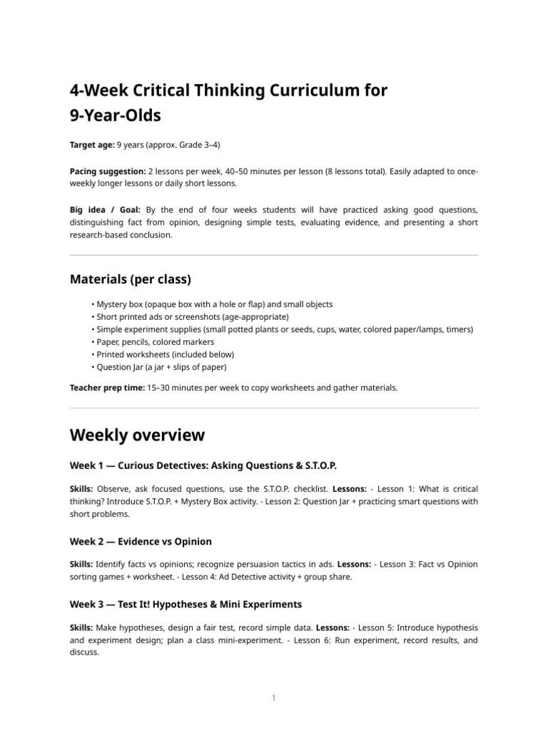 4-Week Critical Thinking Curriculum (Ages 9) | PDF | Experiment | Evidence