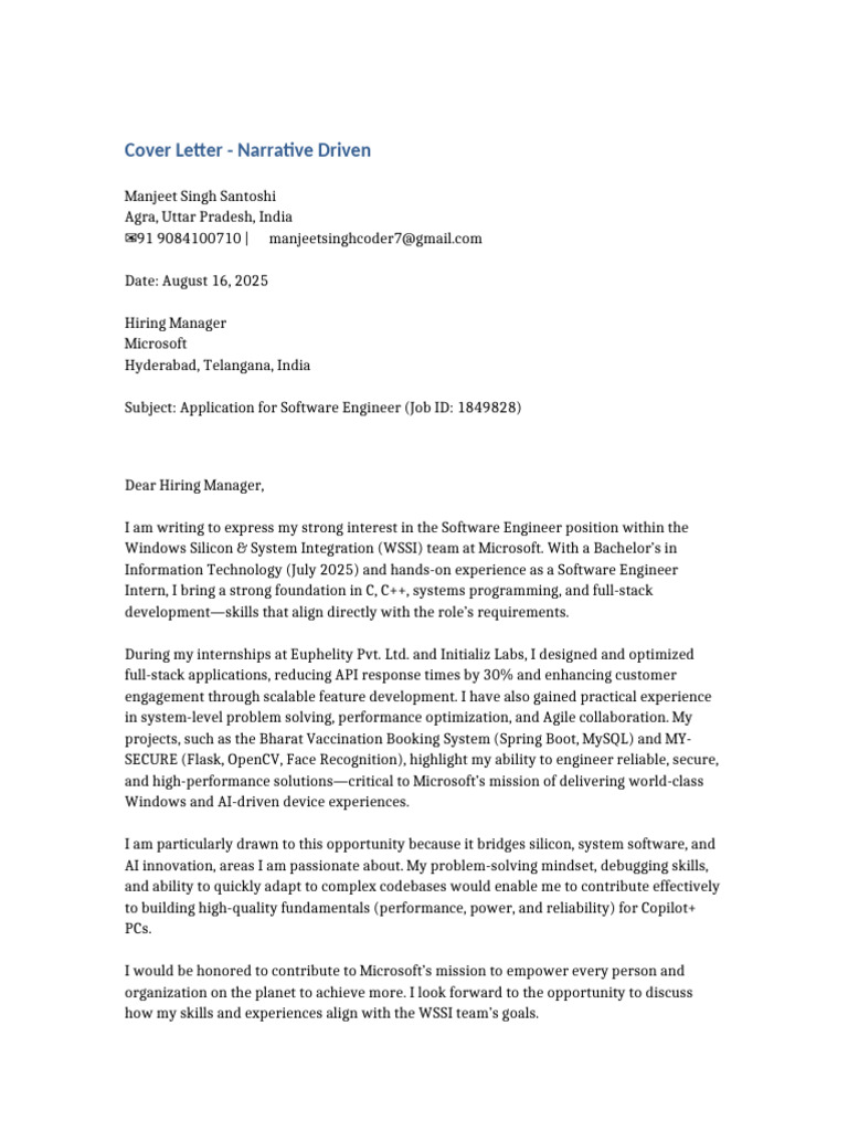 Software Engineer Cover Letter for Microsoft | PDF