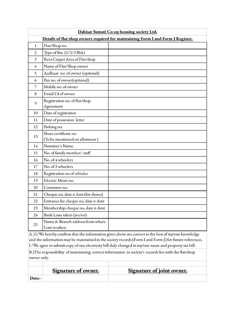 Dahisar Housing Society Owner Registration Form | PDF