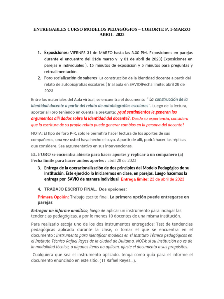 Entregables Curso Modelos Pedagógicos - Abril 2023 | PDF | Aprendizaje