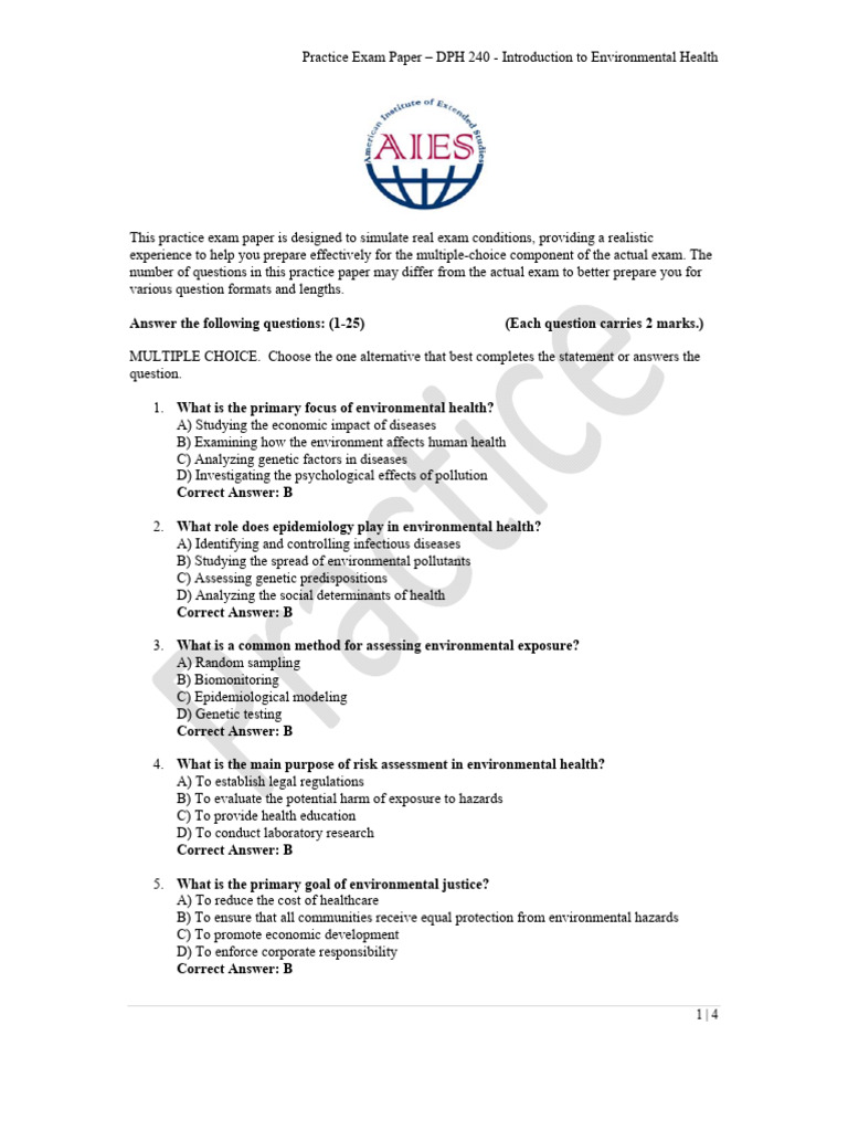 Practice Exam Paper - DPH 240 - Introduction To Environmental Health ...