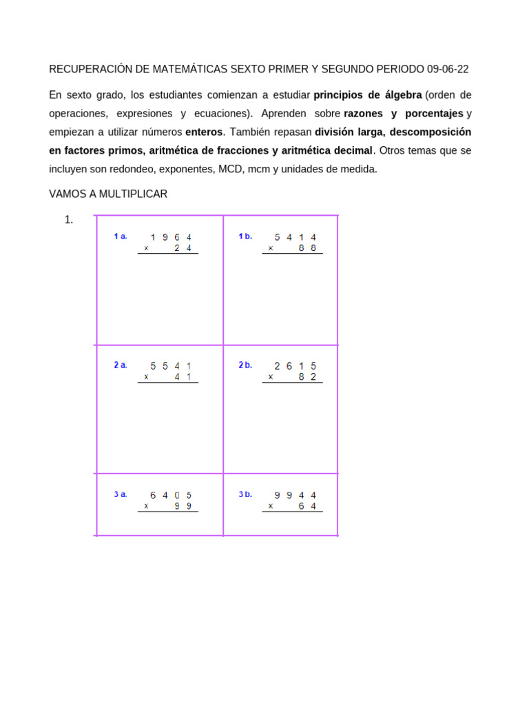 Recuperación de Matemáticas Sexto Primer y Segundo Periodo SEXTO | PDF