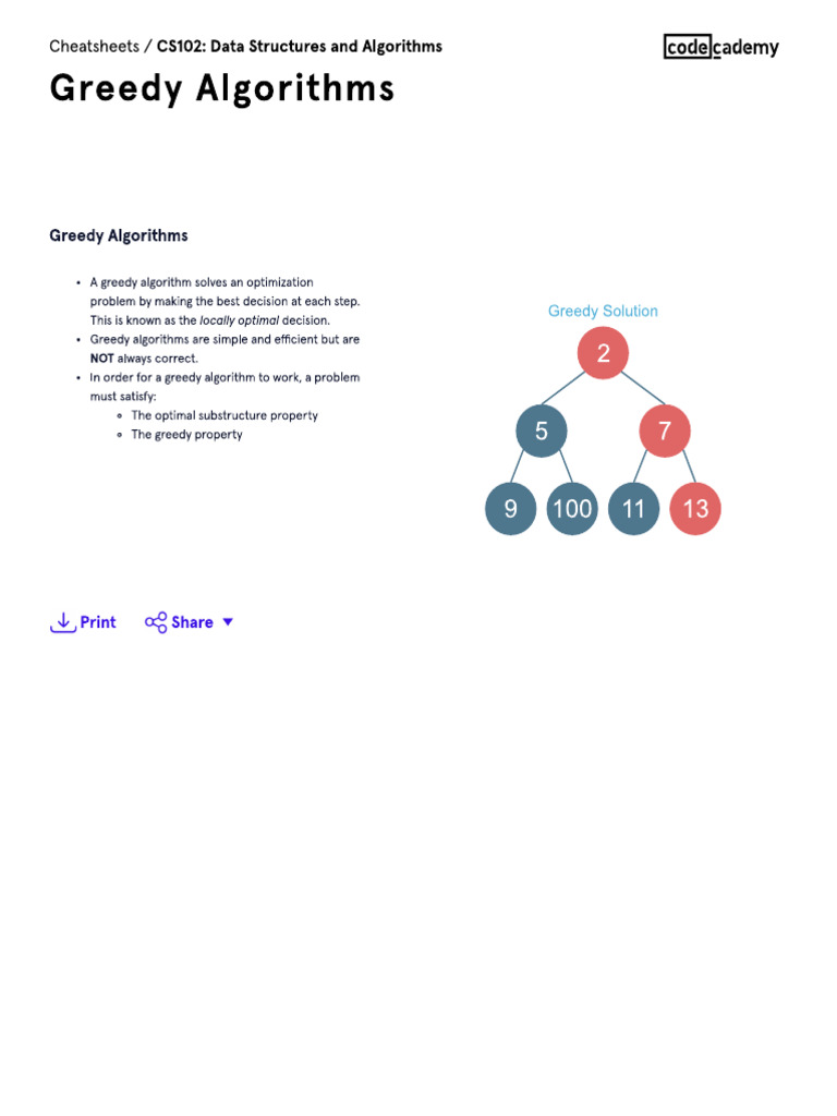 CS102 - Data Structures and Algorithms - Greedy Algorithms Cheatsheet | PDF