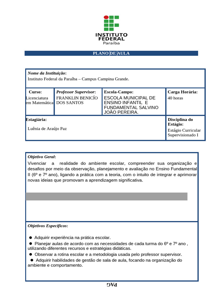 Plano de Aula para Estágio em Matemática | PDF | Aprendizado | Lição