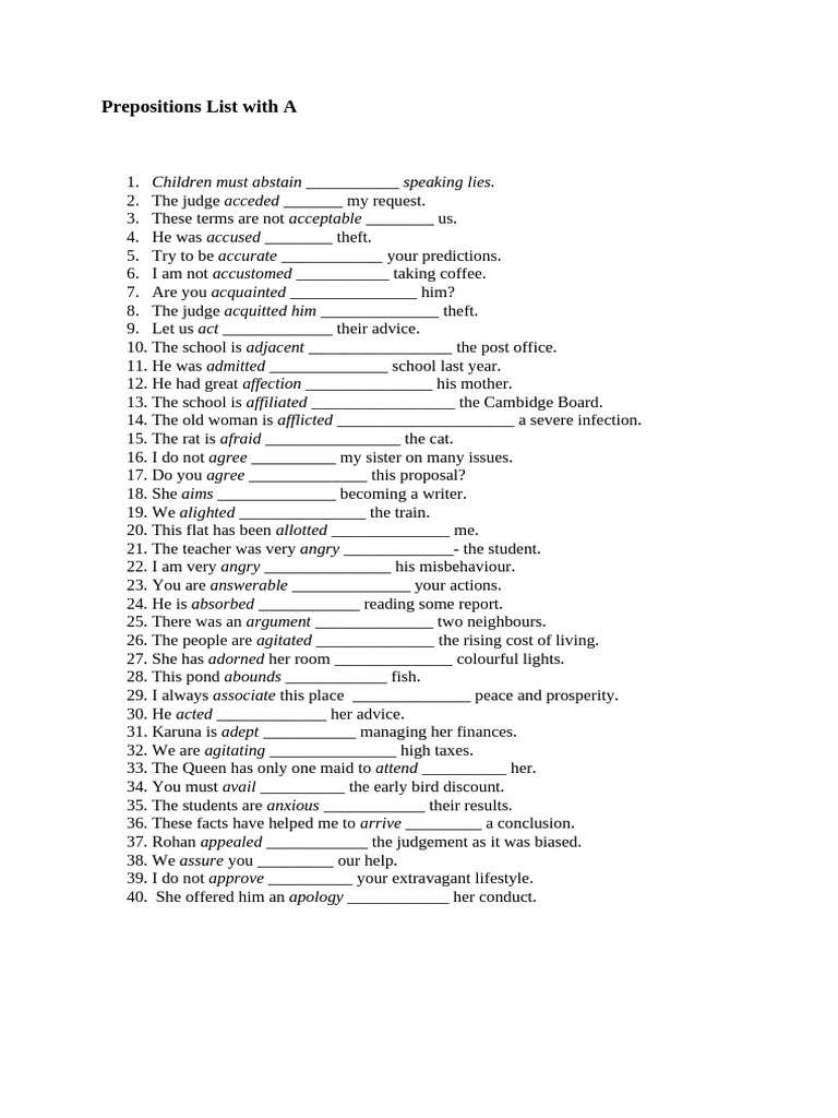 Prepositions List With A | PDF