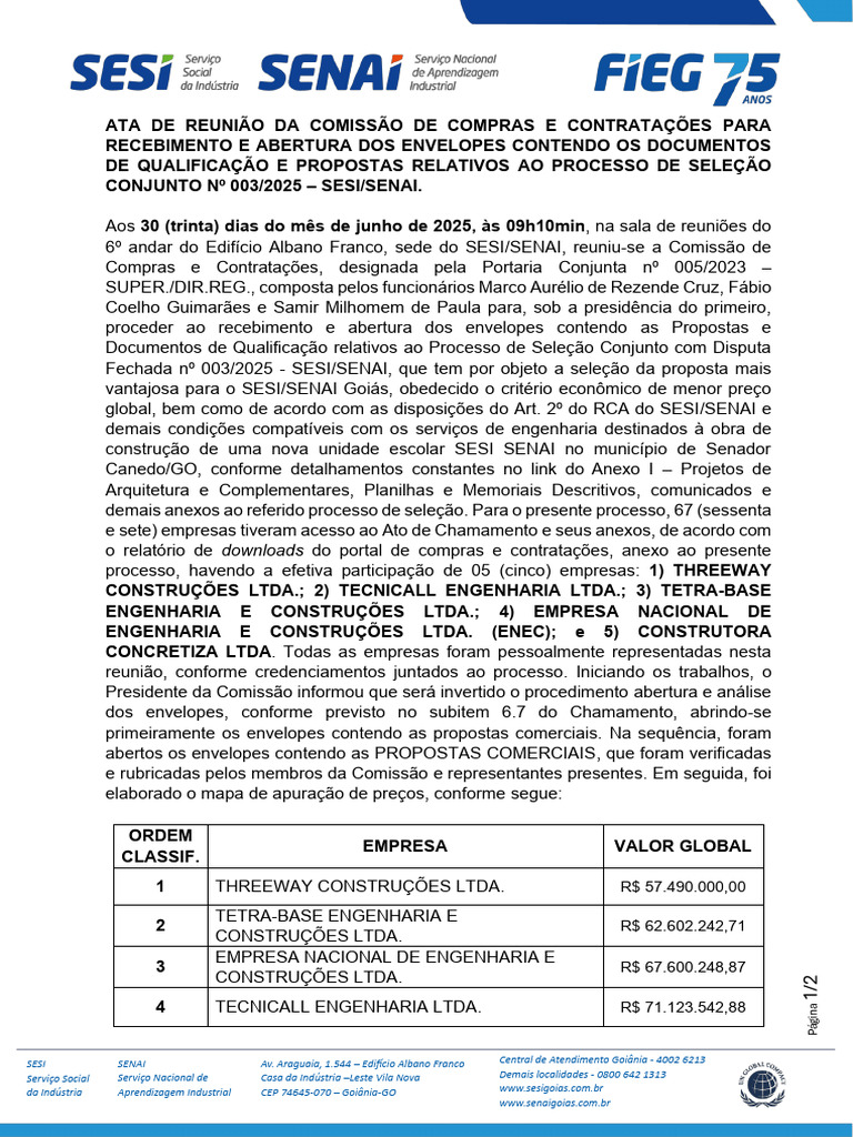 Ata Abertura PSDF 00325conj Obra Senador Canedo | PDF