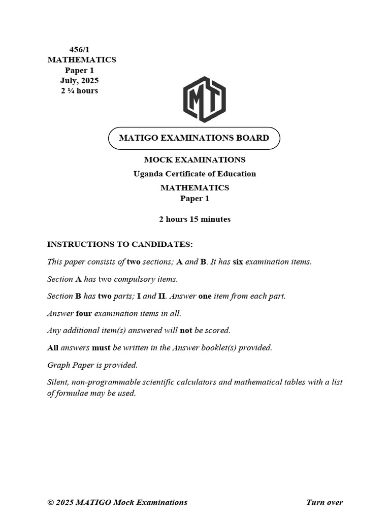 Matigo Mocks 2025 Uce Mathematics Paper 1 | PDF | Profit (Economics ...