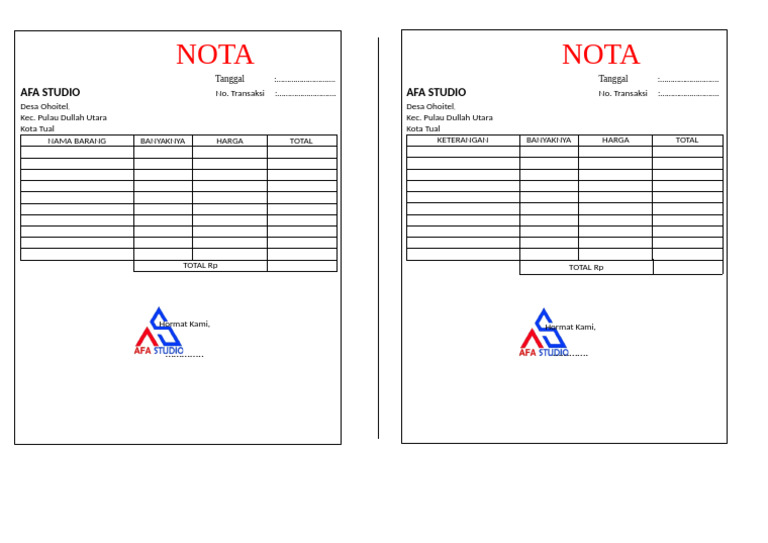 Nota Transaksi AFA Studio Kota Tual | PDF