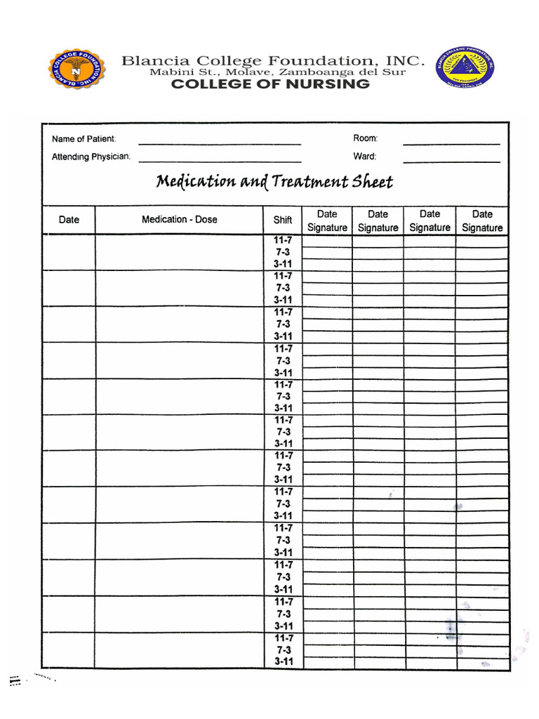 Medication and Treatment Sheet | PDF