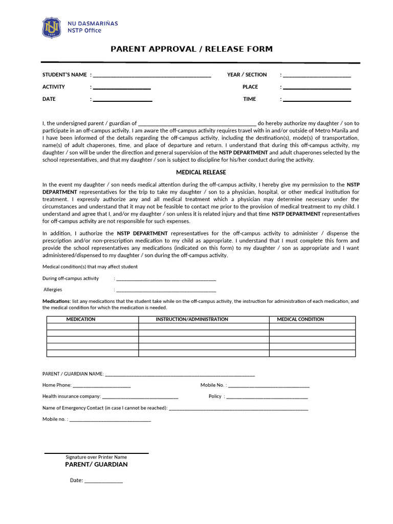 Nstp2 Parent Approval Release Form 1 | PDF | Social Programs | Medicine