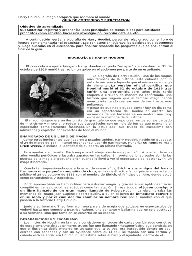 Biografía de Harry Houdini: Mago y Escapista | PDF | Harry Houdini