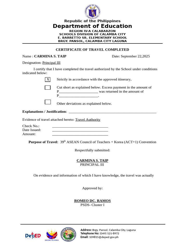 Certificate of Travel Completion - E. Barretto Sr. Elementary School | PDF