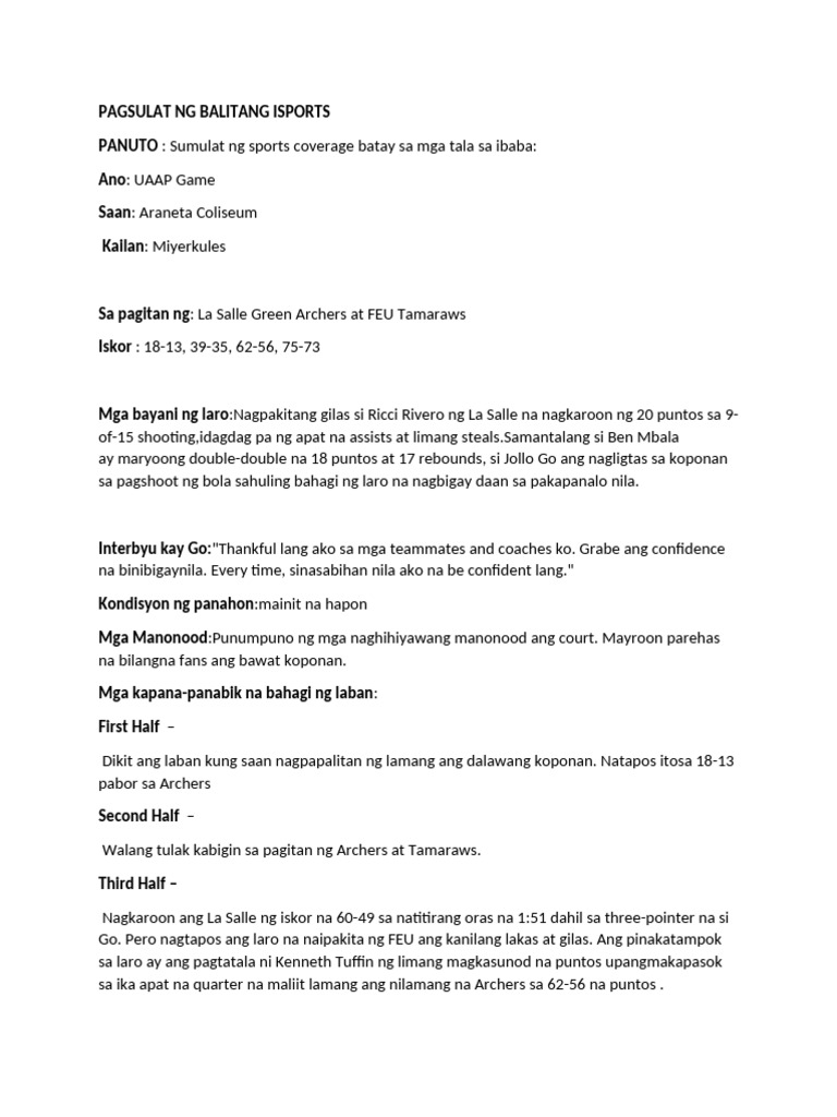 Pagsulat NG Balitang Isports | PDF