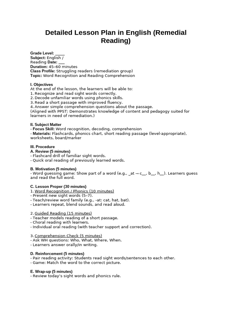 Remediation Reading Lesson Plan | PDF