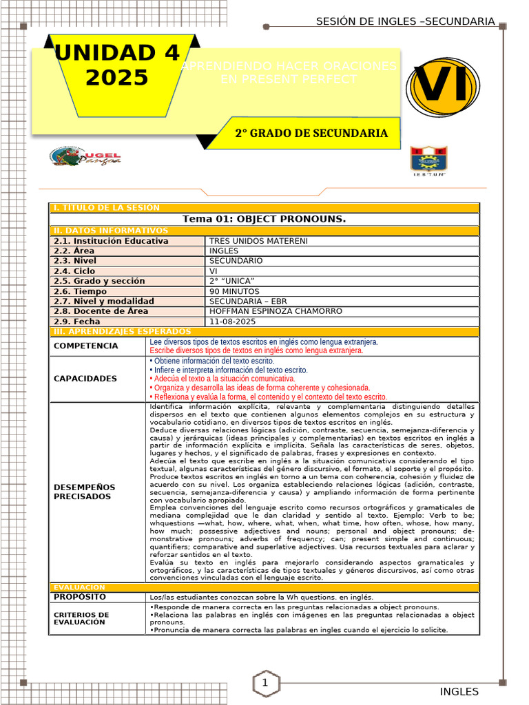 1º2° Sesion 1 Sem 1 Uni 5 - Ingles 2025 | PDF | Enseñando | Aprendizaje