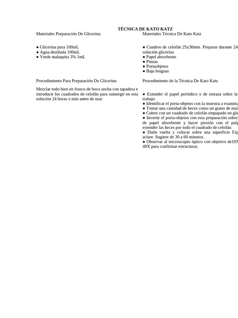 Procedimientos Técnica de Kato Katz, Coloración Tricrómica Col. y ...