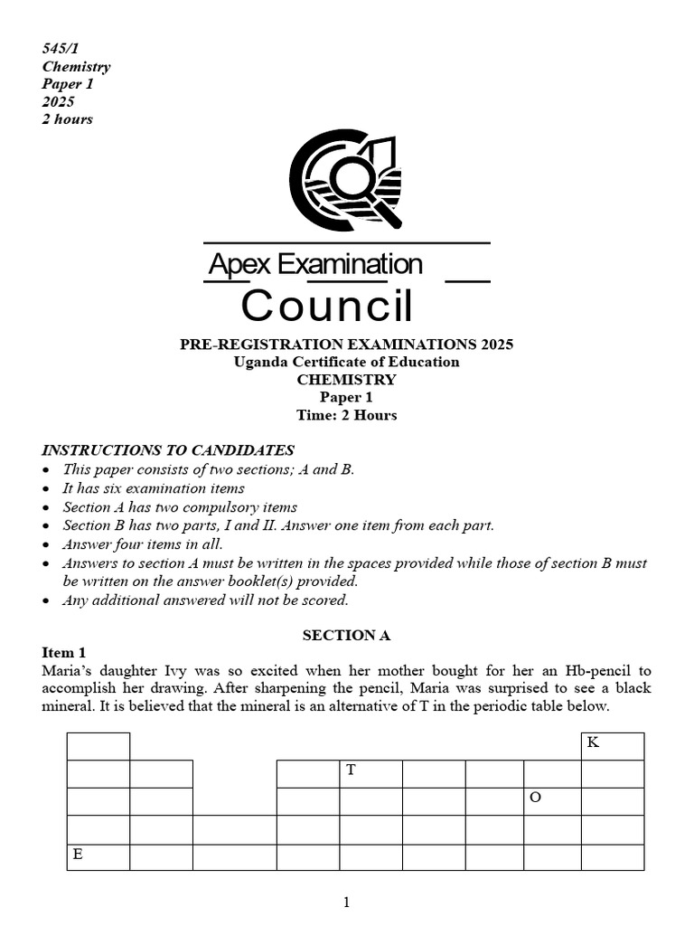 s4 Chemistry 545 Paper 1 Pre Reg Uce Apex Examination Council | PDF